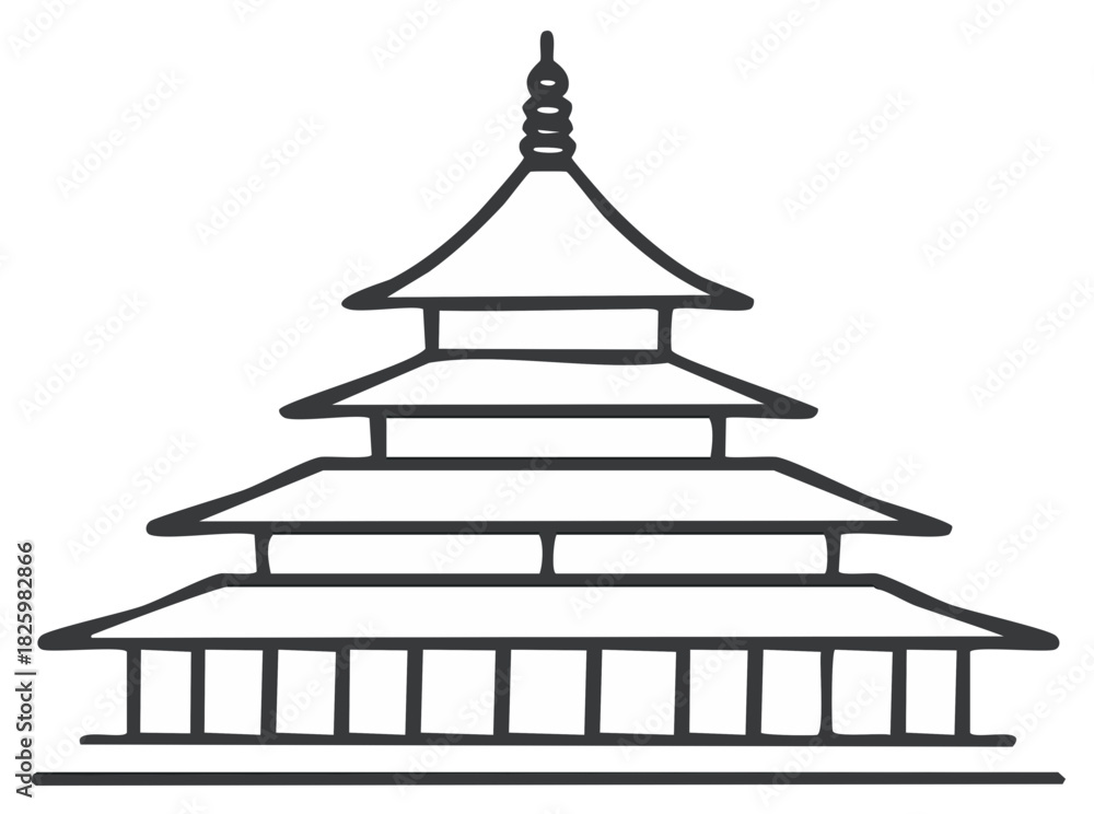 Line art of a stylized pagoda structure shows cultural elements with an ...
