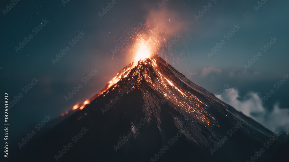 Photo Stock erupting. A powerful volcano erupting with lava and ash ...