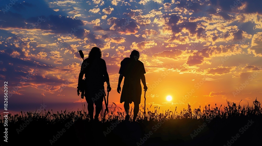 Two shadowy ancestral figures walking parallel paths across a ...