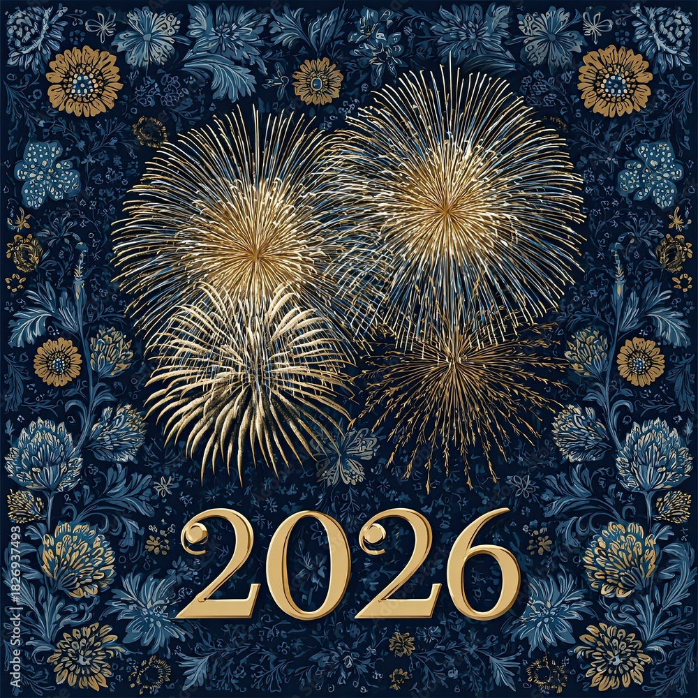 "2026" fireworks background. 2026 fireworks card in blue and gold for a ...