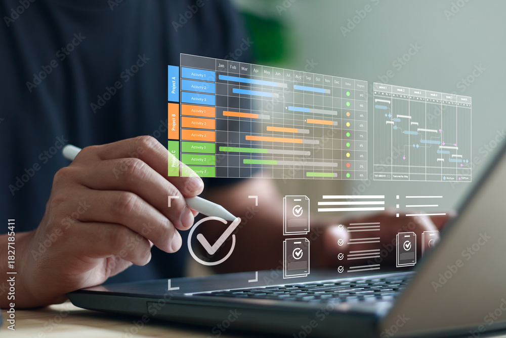 professional managing project timelines with digital Gantt charts, task ...
