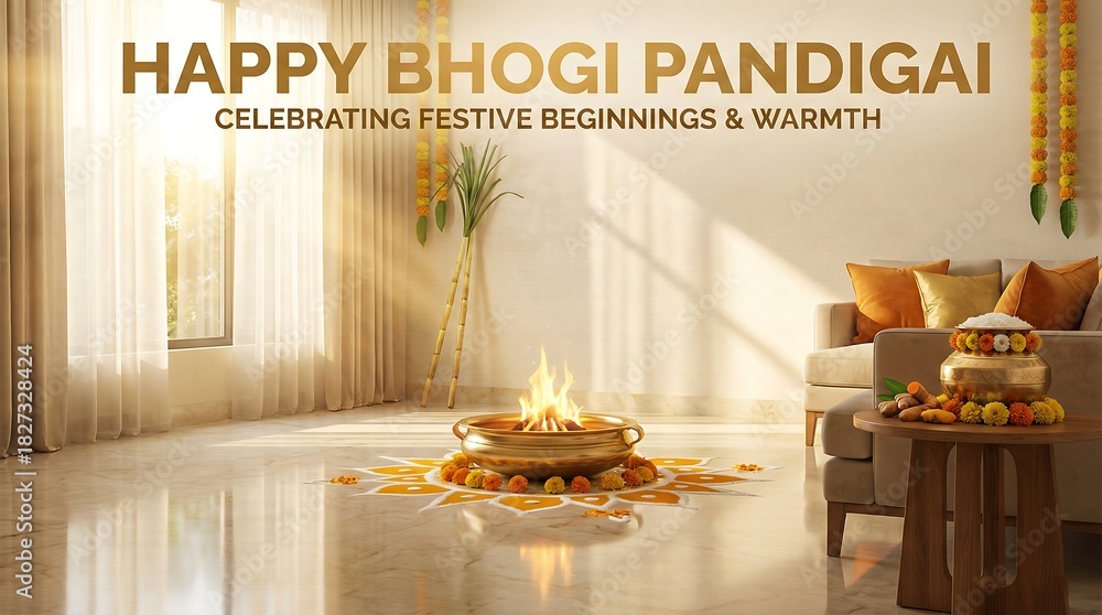 Happy bhogi pandigai festival celebration with traditional fire and ...