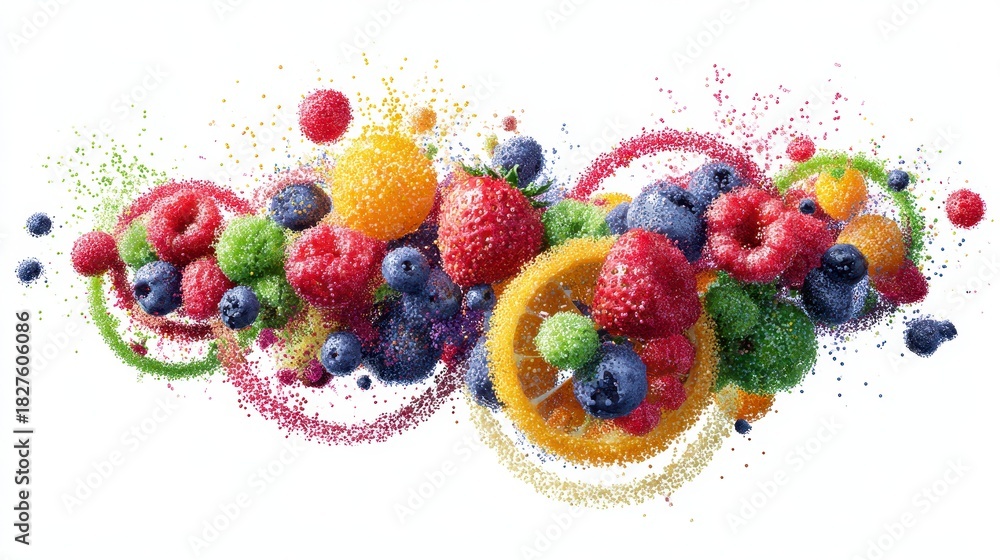 Colorful antioxidant molecule collage with vibrant fruit particles ...