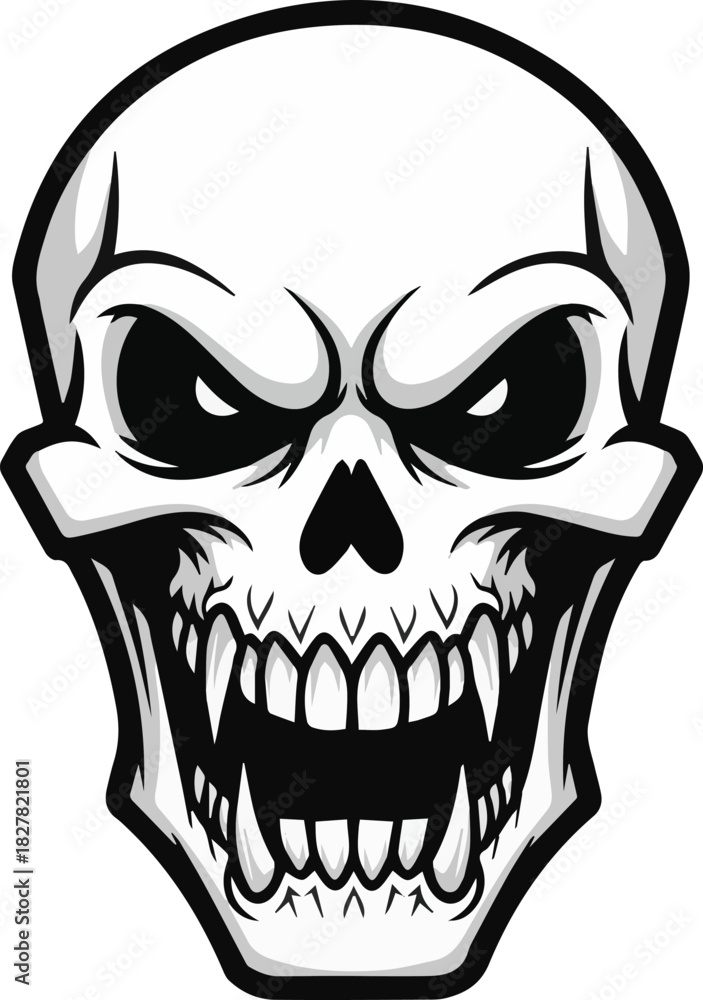 Bold monochrome skull illustration with an aggressive expression, sharp ...