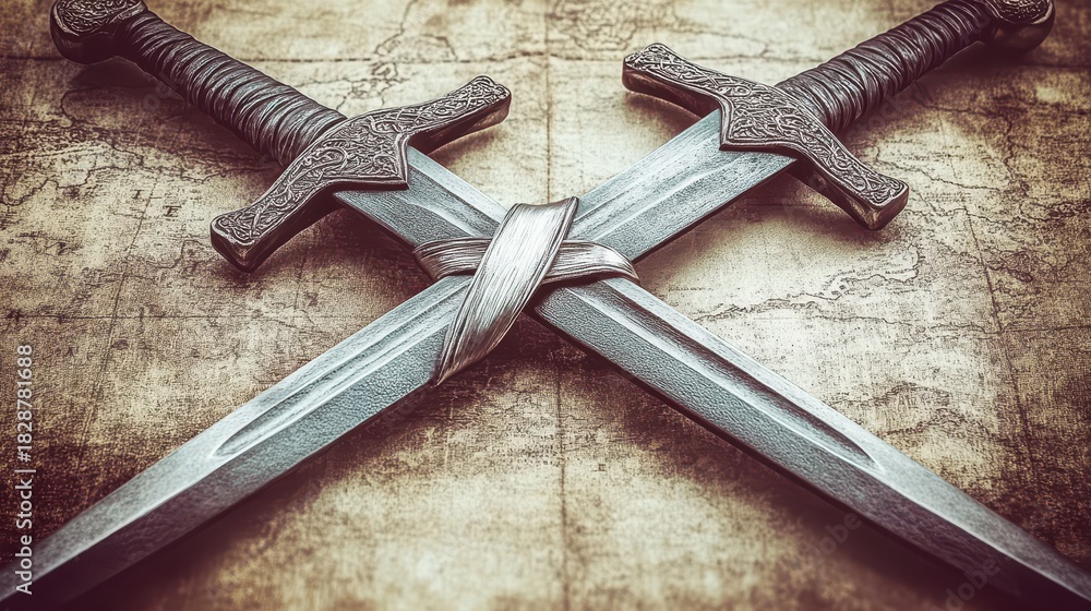 Two miniature stylized swords crossed and bound together with a single ...