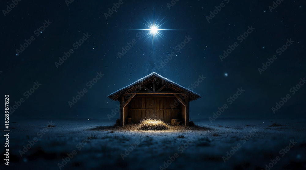 The star of Bethlehem shines over an empty manger in a wooden stable ...
