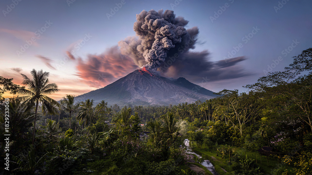 Stock-Foto „erupting. A powerful volcano erupting with lava and ash ...