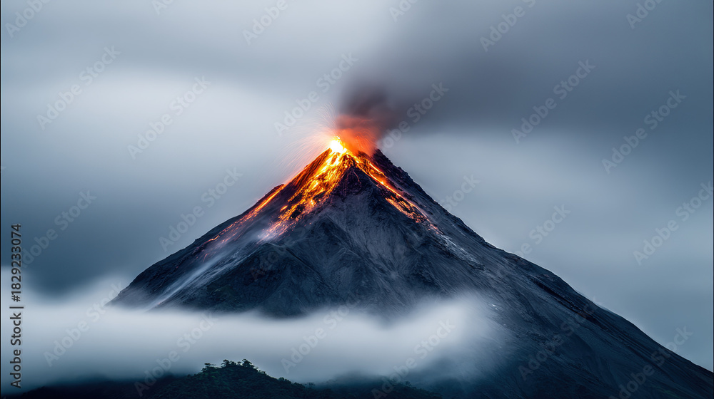 erupting. A powerful volcano erupting with lava and ash against the sky ...