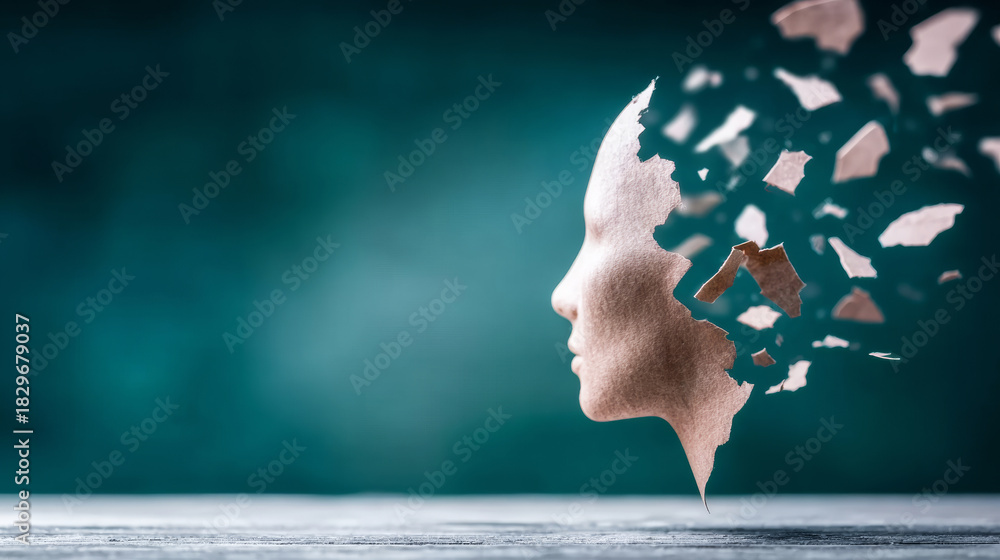 Human profile dissolving into scattered pieces, representing memory loss, identity crisis ...