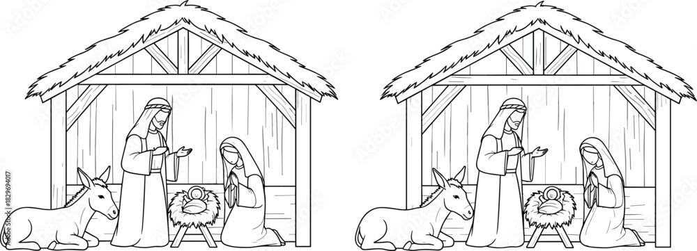Christmas Nativity Stable Scene Vector Outline Illustration, Mary ...