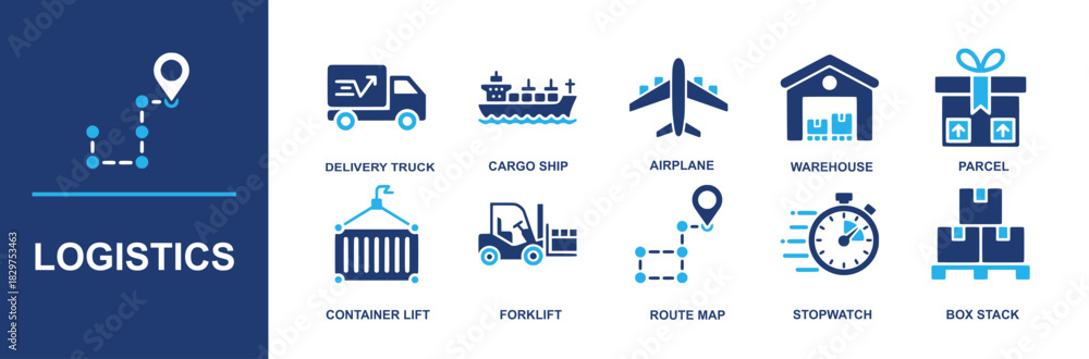 Logistics icon set. Containing delivery truck, cargo ship, plane ...