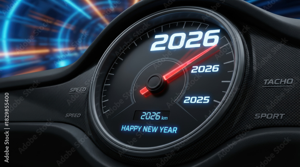 Futuristic car speedometer shows 2026 progress and transition toward ...