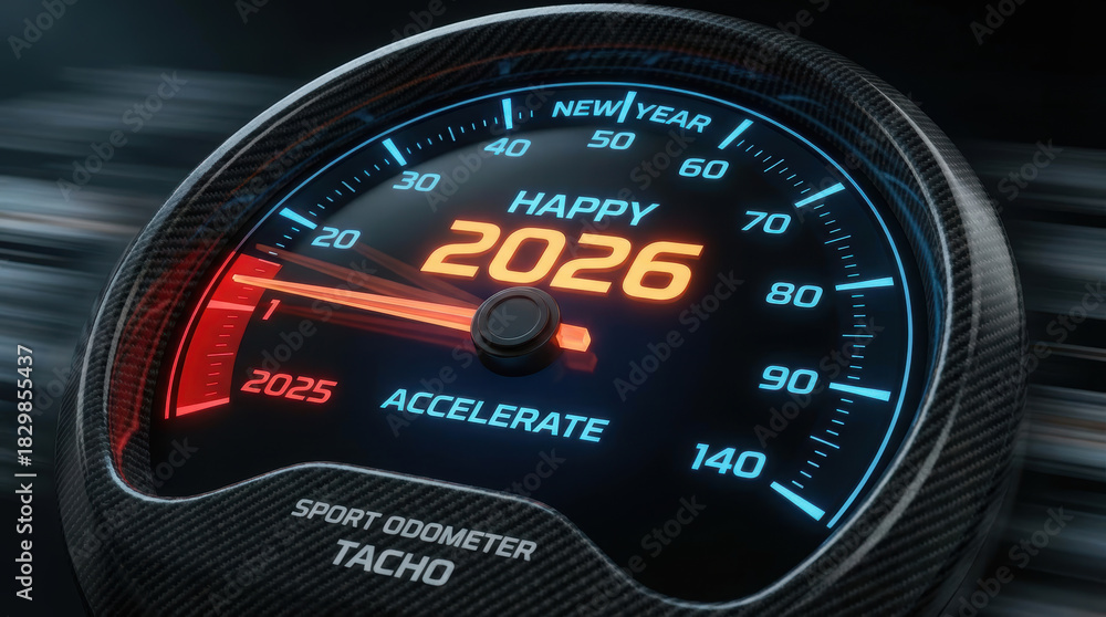 Happy 2026 accelerate future transition progress advancement as speedometer concept celebrating ...