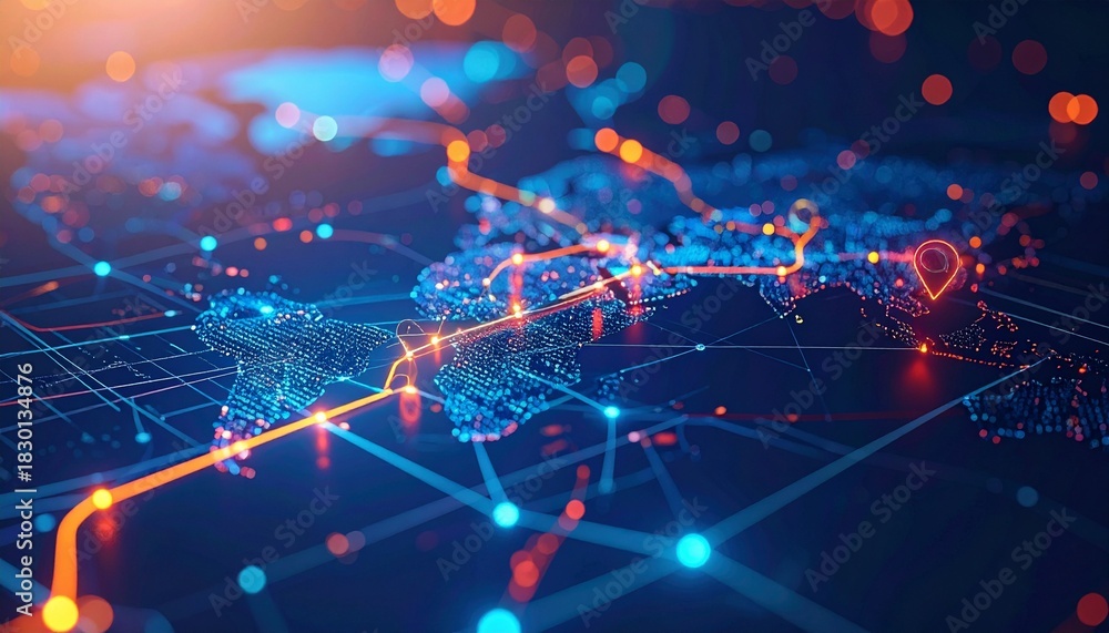 Global digital network map with glowing data connection lines and a ...