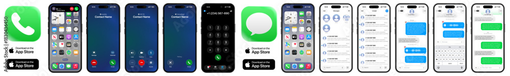Messages and iPhone Call app UI screens 2026 update in light mode with ...