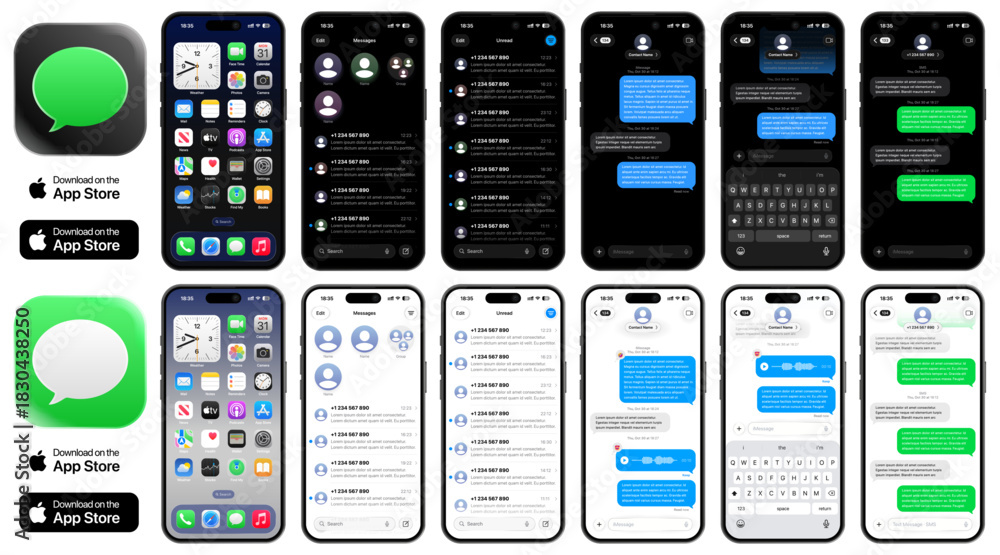 Stockvector Messages iPhone app UI screens 2026 update in dark and ...
