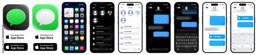 Vector de Stock Messages iPhone app UI screens 2026 update in dark and ...