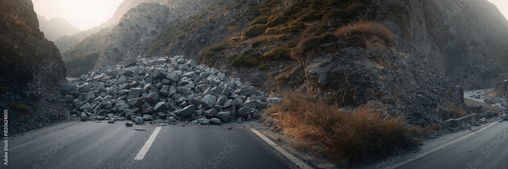 Landslide blocking a roadway with fallen stones, emphasizing erosion ...