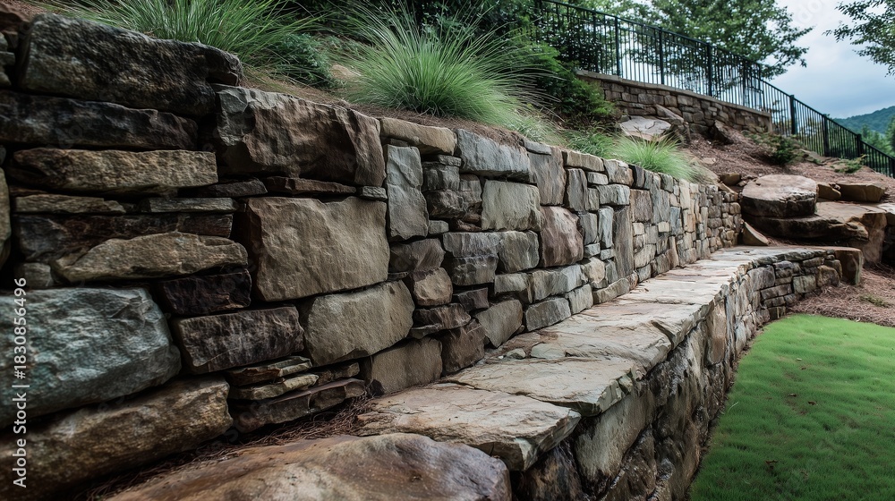 Stone retaining wall with gravel backfill and drainage concept for ...