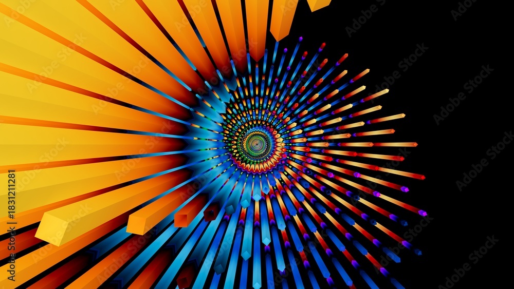 Large orange neon gear structure spirals into a blue center. Mechanical ...