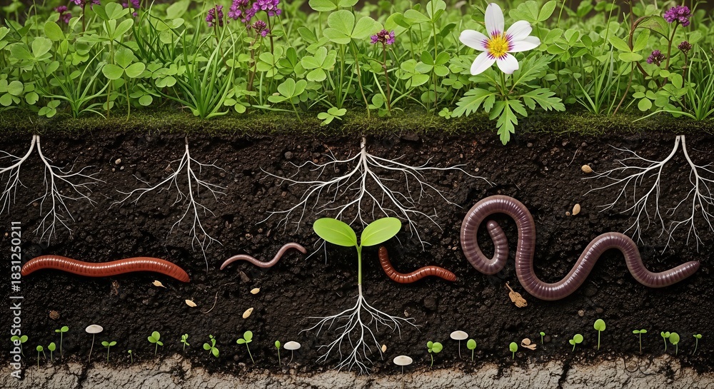Earthworm life cycle in rich soil cross section showing roots absorbing ...