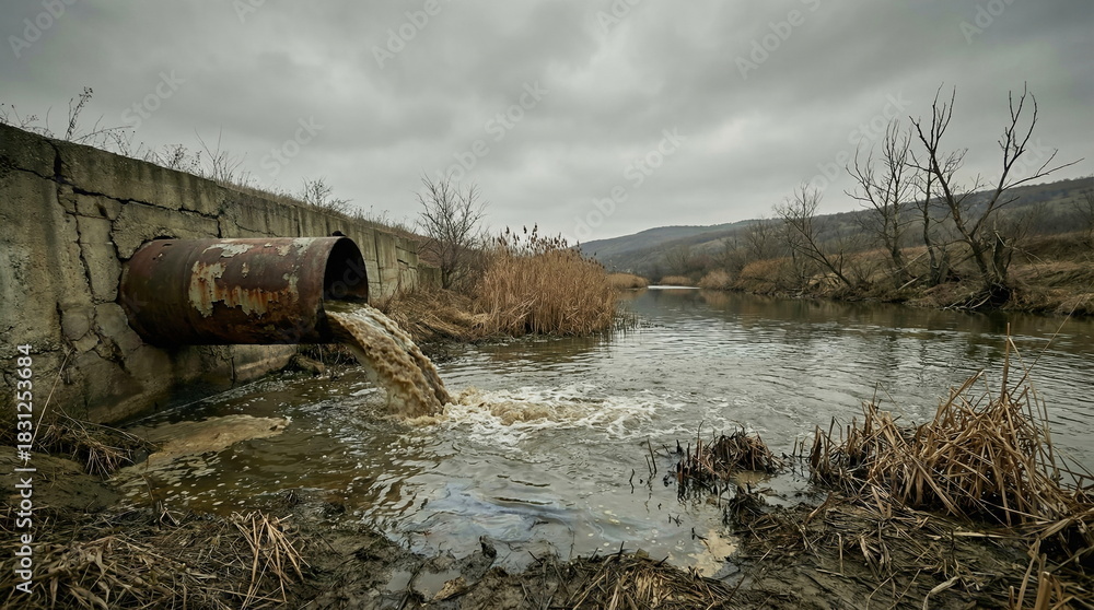 A rusty pipe spews dark, polluted water into a river, illustrating ...