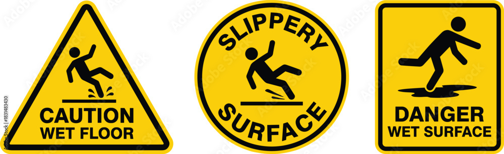 Slippery surface warning sign icon set, stylized safety symbols for wet ...