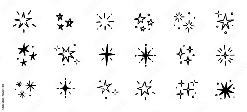 Hand drawn star spark doodle element icon set. Star shape twinkle ...