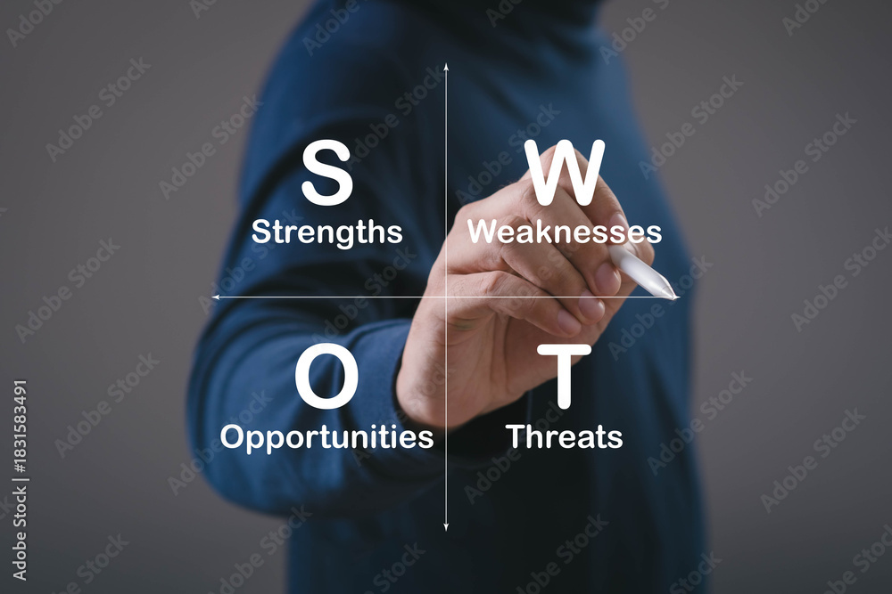 Hand writing a SWOT analysis diagram showing strengths, weaknesses ...