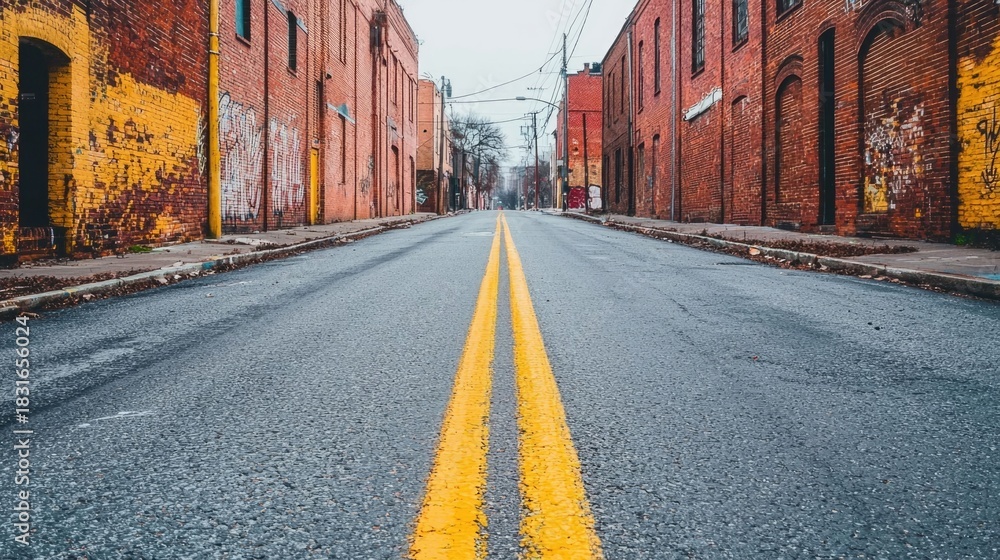 Weathered and gritty urban street scene with aged brick buildings ...