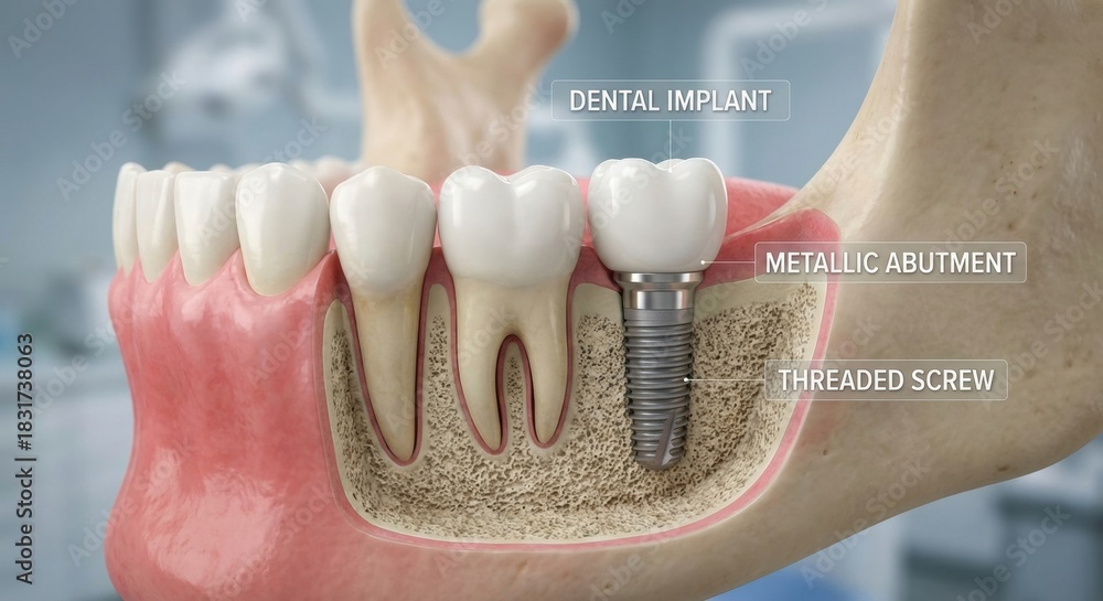 Labeled dental implant with screw and abutment shown in a detailed ...