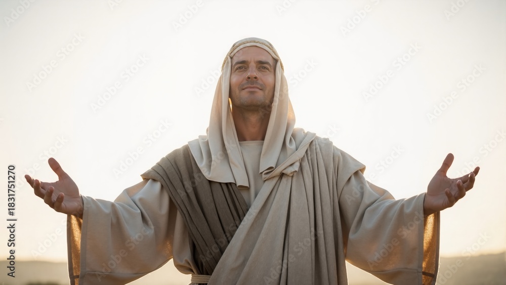 Depiction of Jesus Christ with open arms in welcoming gesture. Man ...