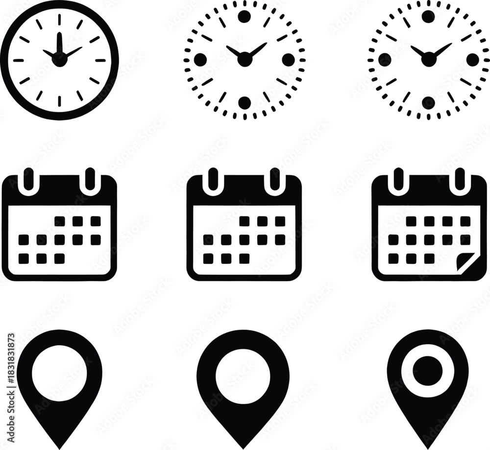 Clock, Calendar and Location Icon Set – Black Minimal Time, Date & Map ...