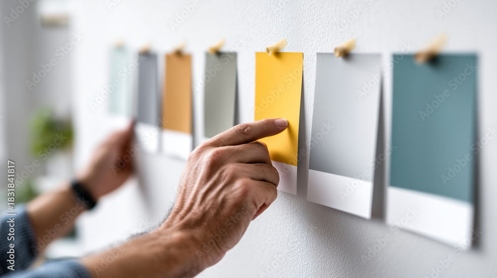 Color samples taped to wall for selection. Several paint swatches are ...
