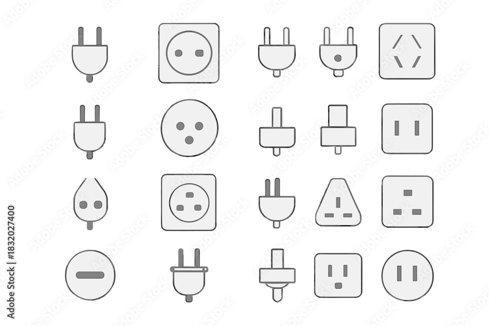 Variety of electrical plugs and sockets from around the world arranged ...