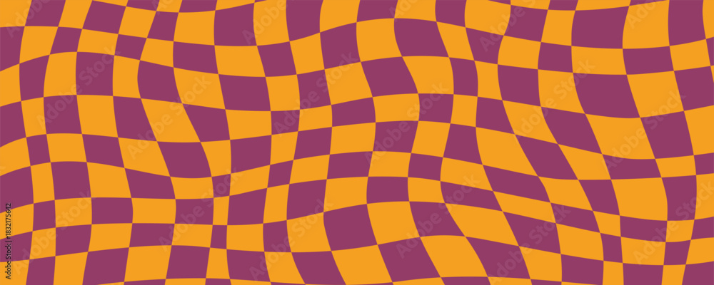 Wavy checkered background with orange and purple distorted squares in ...