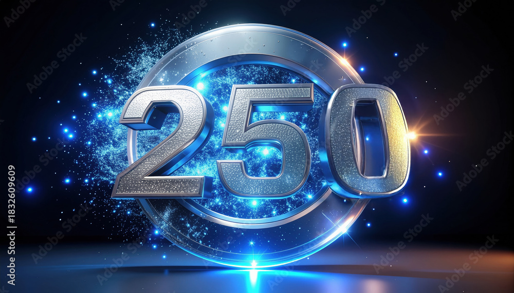 Silver metallic number 250 with glowing blue sparks and circular frame ...
