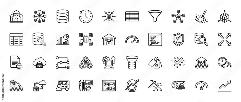Data science and analytics line icon set. Vector pictograms of database ...