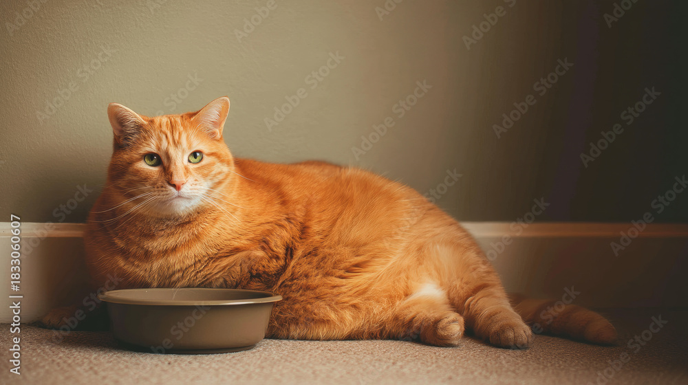 Domestic cat with signs of obesity thick belly and swollen fat muzzle ...