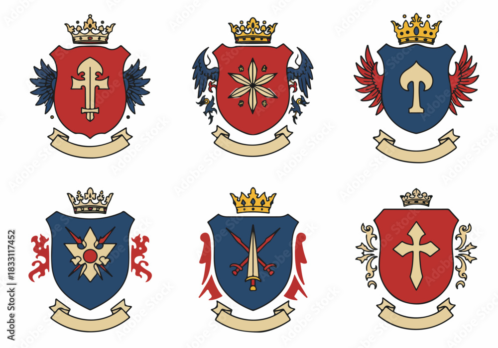 Six distinct fantasy heraldry shields and crowns. Medieval coat of arms ...