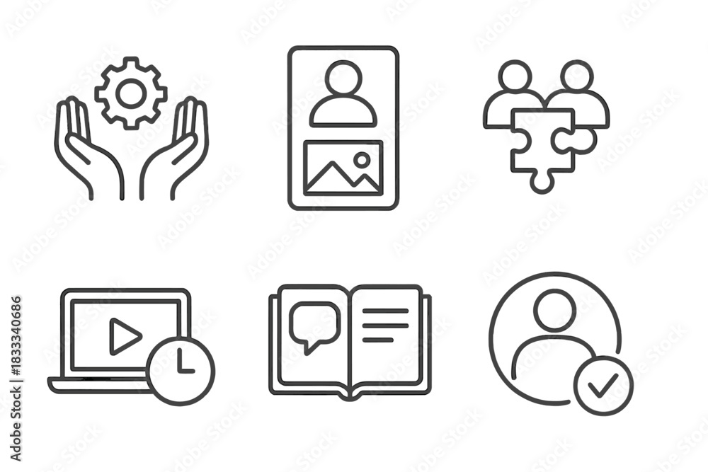 CBE Learning Icons. Line style icons of CBE learning activities: hands ...