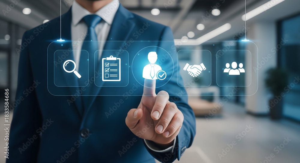 Elegant business man using digital interface for team collaboration and ...