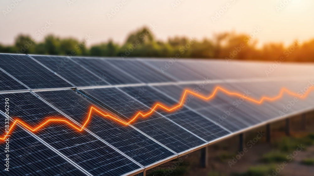 Solar panels with a rising trend line illustrate the growth of ...