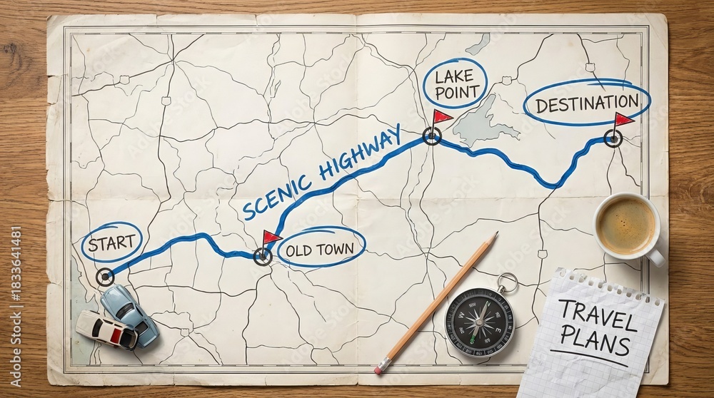 Paper road map laid flat indicating key locations and routes, ideal for ...