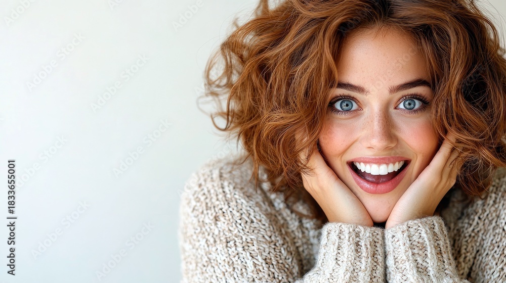 A beautiful young woman with red curly hair smiles widely, holding her ...