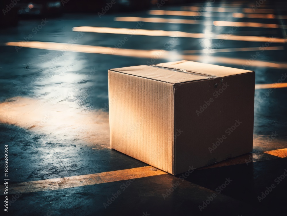 flaps. Cardboard box with sealed flaps on a warehouse floor, showcasing ...