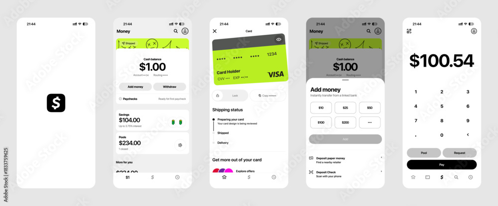 Cash App financial UI design update 2026 featuring main dashboard, add ...