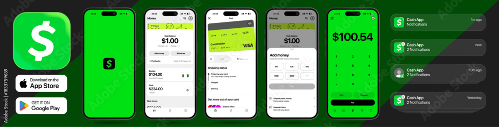 Vector de Stock Cash App financial UI design update 2026 featuring main ...