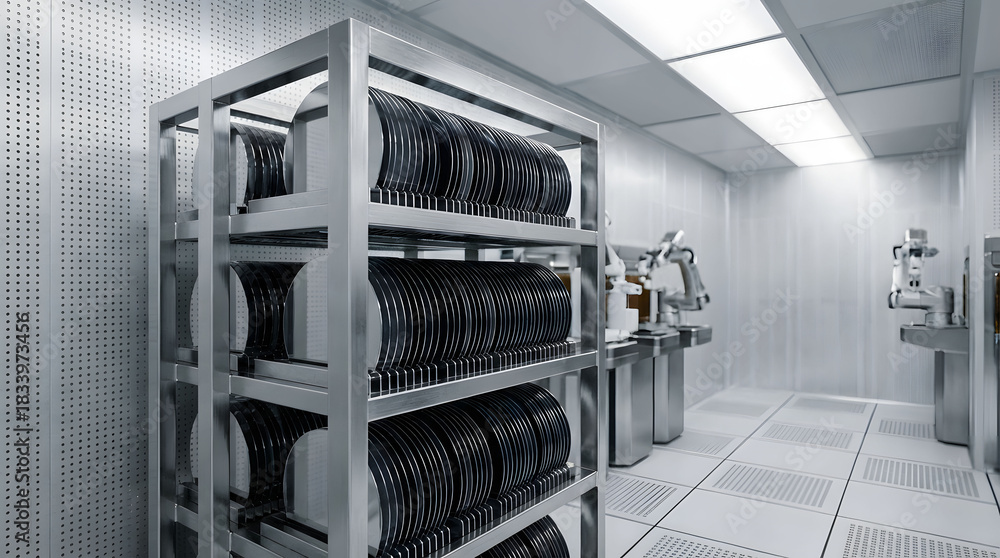 Silicon wafers stored in a cleanroom rack for semiconductor processing ...