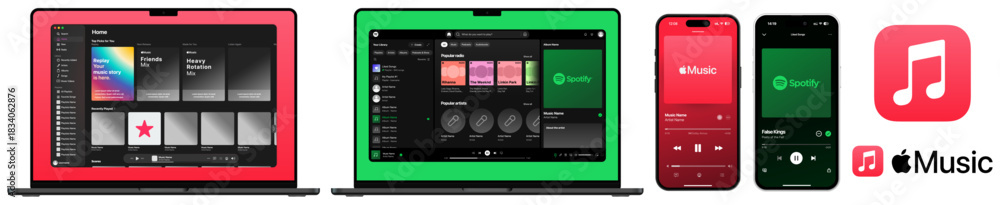 Vector de Stock Apple Music and Spotify Web Desktop App with mobile ...